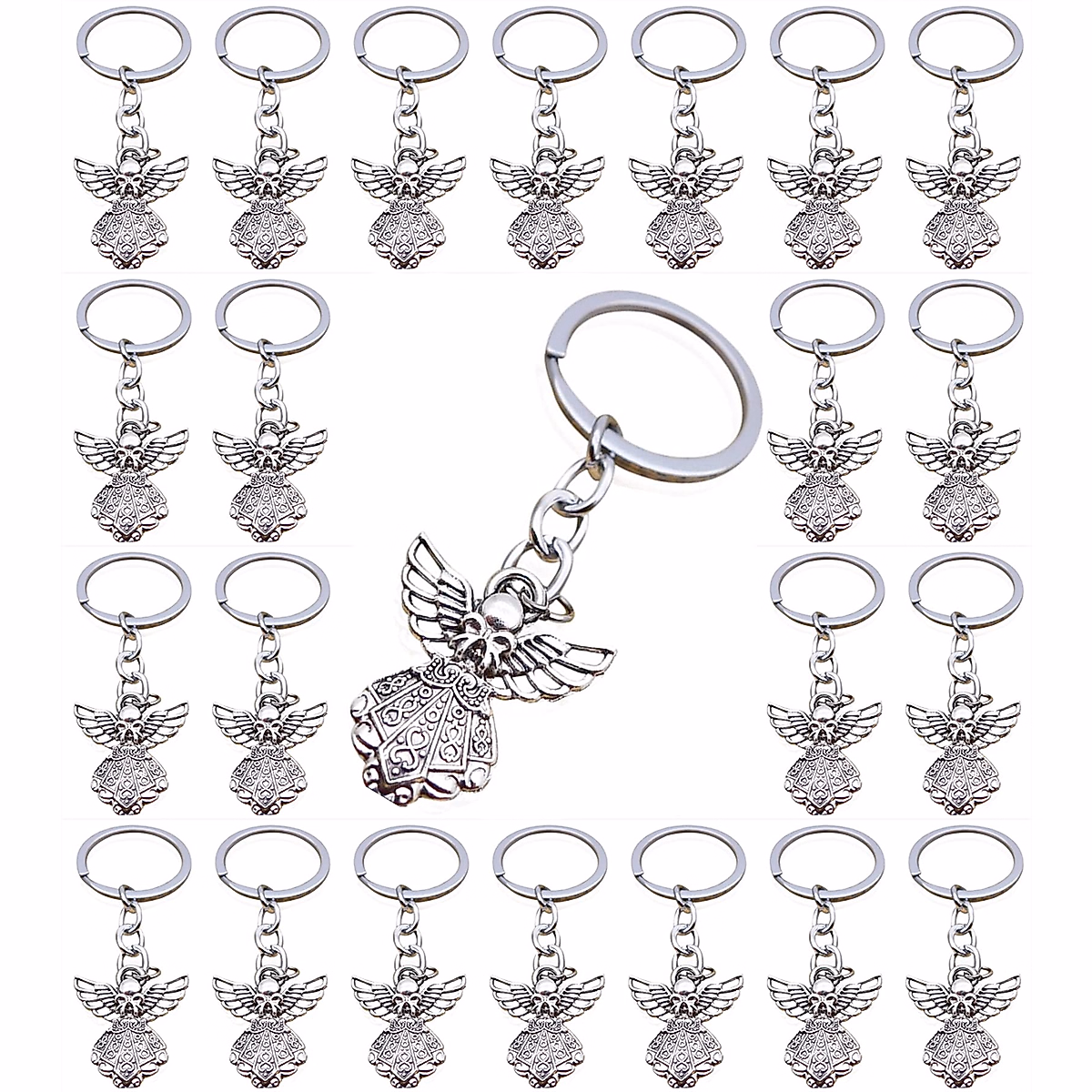 PHAETON 50PCS Silver Tone Guardian Angel Charm Keychain Key Ring
