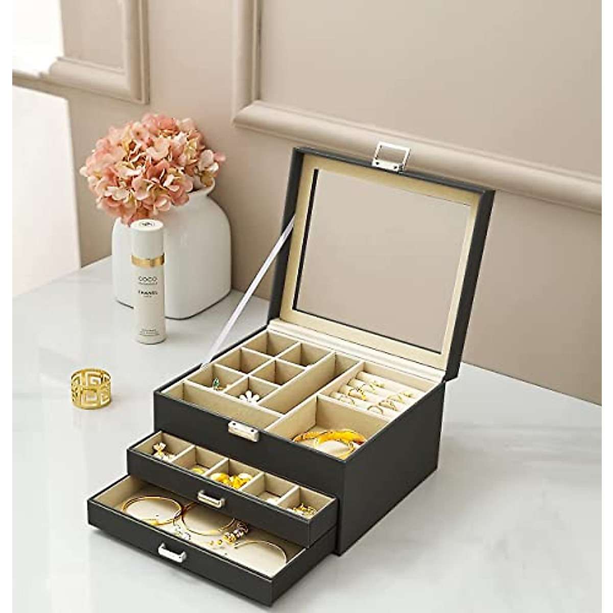 MTGOCHA Jewelry Box for Men Women, 3 Layers Glass Lid Jewelry Organizer with 2 Drawers Large Jewelry Storage Box for Rings Earrings Necklace Bracelets Jewelry Display Case for Women Mens,Black