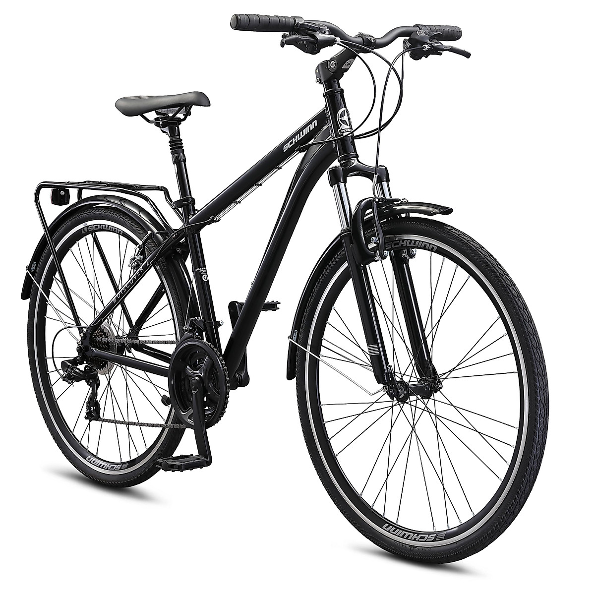 Schwinn Discover 2 Adult Hybrid Bike for Men and Women, 700c Wheels, 21-Speeds, 17-Inch Step-Over Frame, Front and Rear Fenders, Rear Cargo Rack, Black