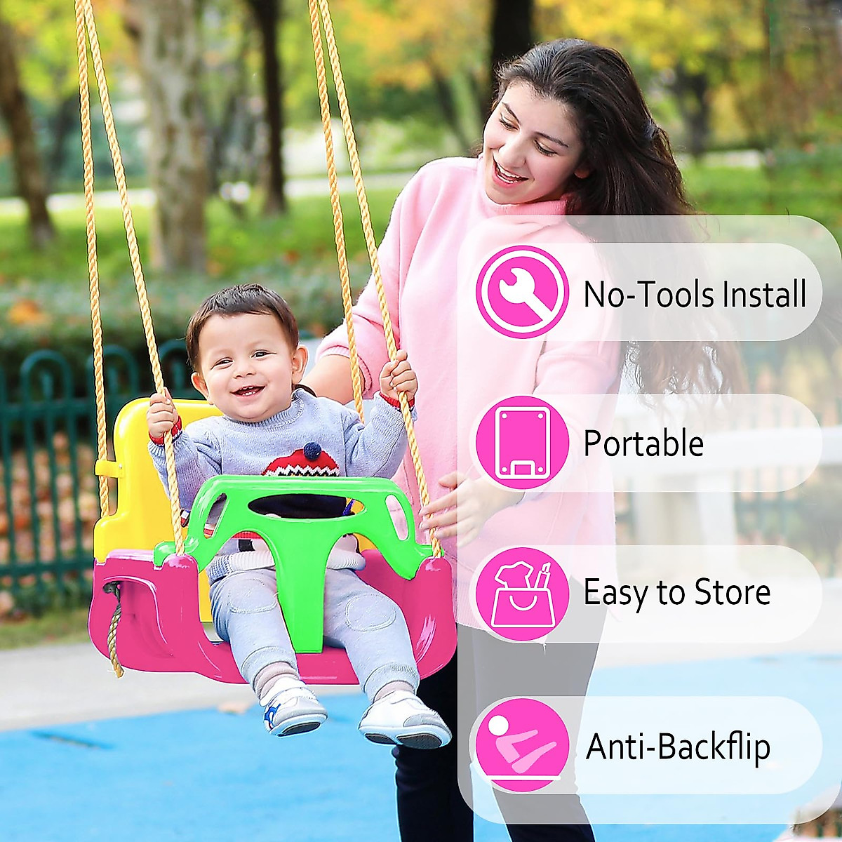 IFOYO Kids Swing Seat, 3 in 1 Toddler Swing Chair Secure Swing Seat Detachable Swing Seat High Back Swing Set for Playground Indoor Outdoor (Pink)