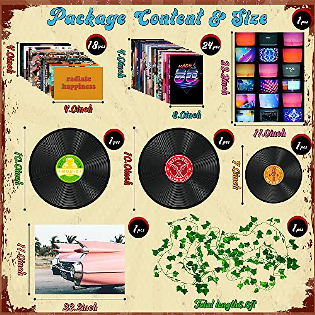 Retro Wall Collage Kit with Vines & Records - Perfect for Bedrooms