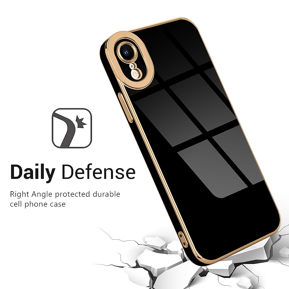 Lafunda Compatible with iPhone Xr Case, Cute Luxury Plating for Women Girls Elegant Golden Edge Pretty Shockproof TPU Bumper Cover with Silicone Camera Protective Phone Case for iPhone Xr, Black