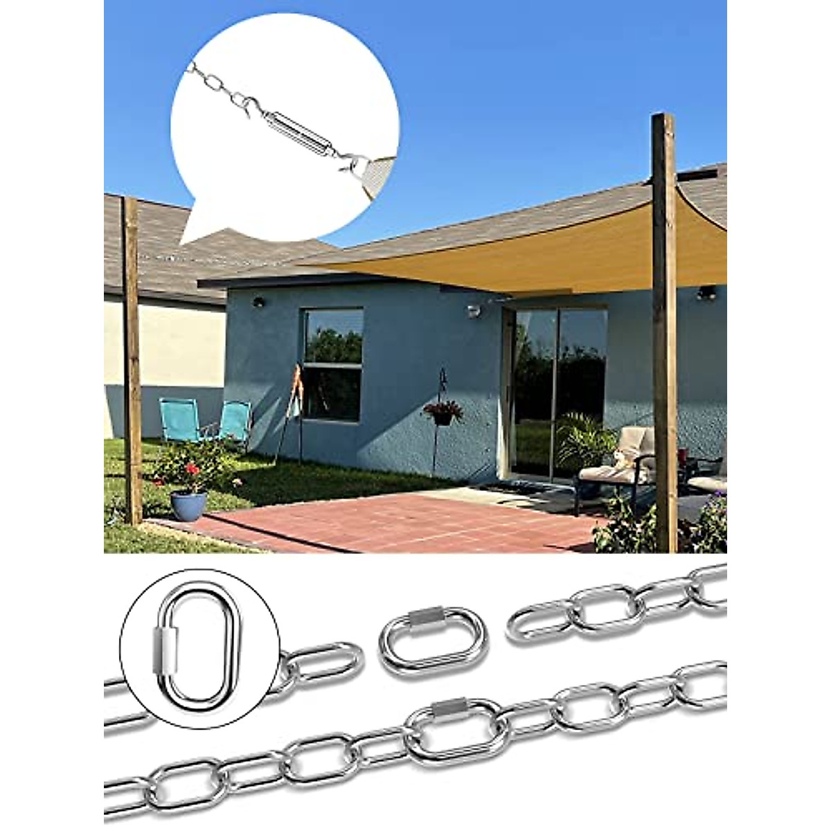 TooTaci Sun Shade Sail Hardware Kit with Chains 1M× 4pcs,Heavy Duty Shade Sail Hardware Kit Rectangle 6 inch with Stainless Steel Hanging Chains 1/8 for Sun Sail Installation,Outdoor Canopy,Pergola