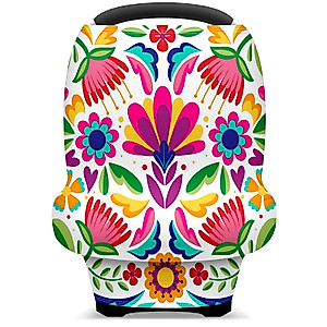 Baby Car Seat Stroller Covers Spring Mexican Flower Leaf Nursing Cover Breastfeeding Scarf Soft Breathable Stretchy Infant Car Canopy Coverage Carseat Cover for Boys and Girls Multi Use