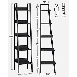 VASAGLE Bookshelf, 5-Tier Narrow Book Shelf, Ladder Shelf for Home Office, Living Room, Bedroom, Kitchen, Black with Wood Grain ULLS109B56