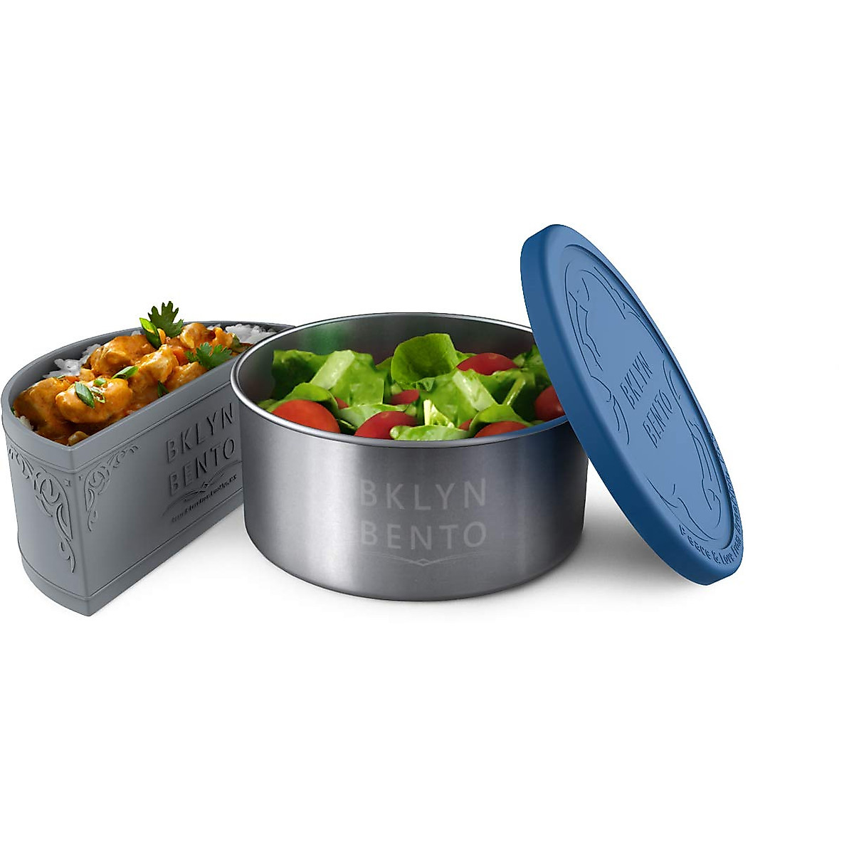 Stainless Steel Food Container With Silicone Food Separator and Leak Proof Silicone Lid | Metal Lunch Box Divider | Bento Box | Portion Control Snacks (Blue & Grey (Food Separator)