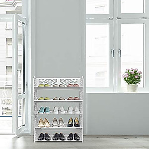 LeeMas White Wood Plastic Shoe Cabinet Carved Shoe Rack White Chic Hollow Shoe Tower Baroque Free Standing Shoes Storage Organizer Closet Shelves Holder Container (24.41 x 9.45 x 31.5), 5 Tiers