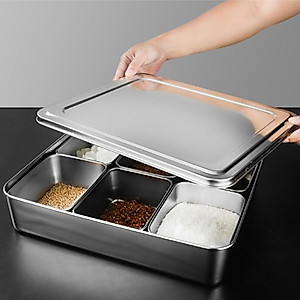 Aulin 304 Stainless Steel Divided Serving Tray with Lid - Charcuterie Snack Box Container with 6 Removable Compartments, Food Storage, Snack Platters Organizer for Candy, Chips, Nuts, Condiments