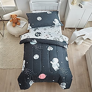 4 Pieces Toddler Bedding Set Space Theme for Baby Boys, Astronaut Planet Rocket Print on Black, Includes Comforter, Flat Sheet, Fitted Sheet and Pillowcase