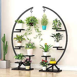 AISUNDY 5 Tier Metal Plant Stand Full Black, Indoor Metal Plant Shelf Stand Decorative Bonsai Flower Shelves Pot Holder, Multi-Purpose Curved Metal Display Rack for Garden, Patio, Balcony (Full Black)
