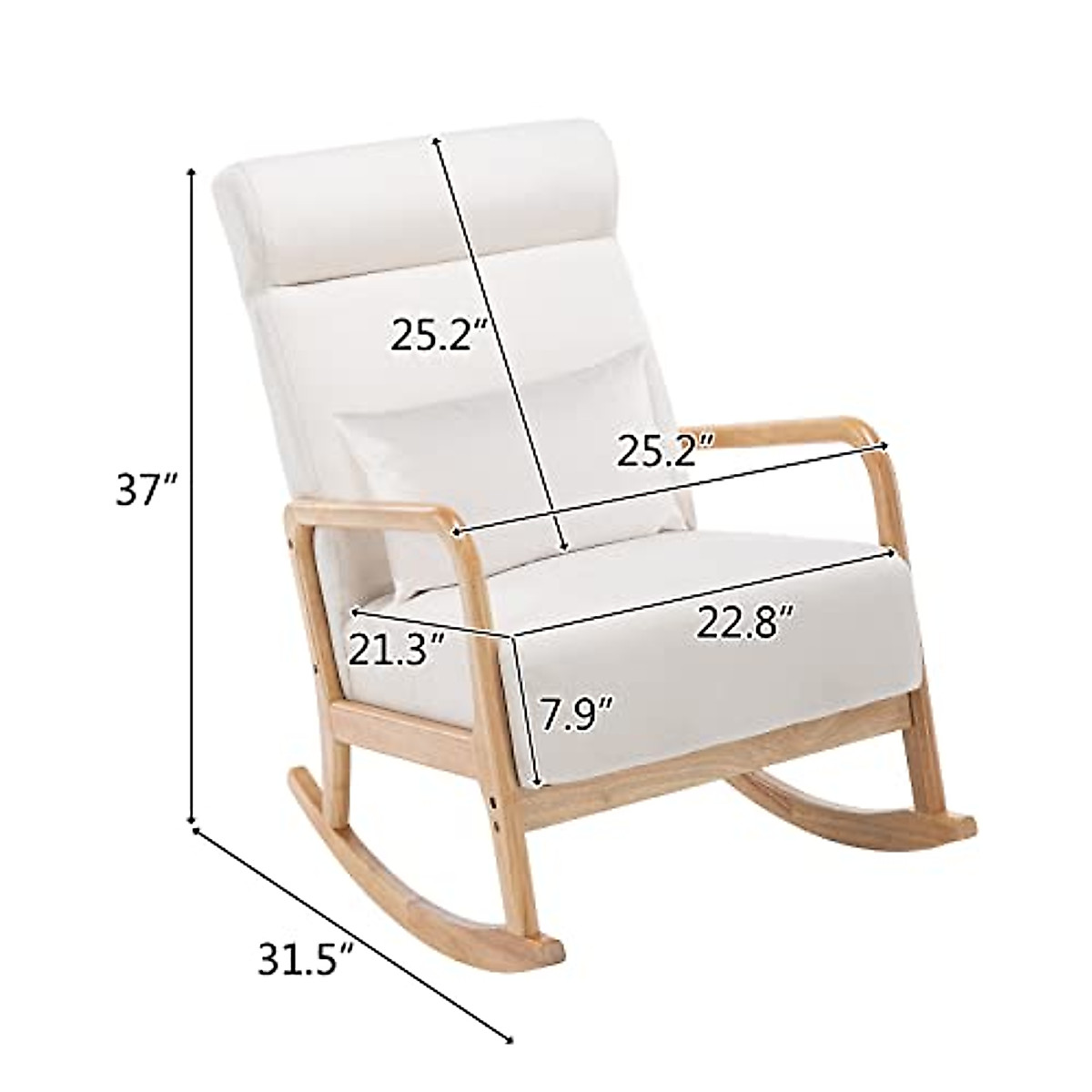 VINGLI Rocking Chair Nursery, 25.2" High Backrest Mid-Century Rocking Chair with Wooden Armrest Upholstered Glider Rocker with Free Lumbar Pillow for Living Room (Beige)