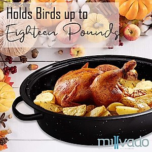 Millvado Roasting Pan With Lid, Turkey Roaster Pan, Extra Large 18 lb Capacity, 18" Granite Oven Roaster Oval Shaped Speckled Enamel on Steel Cookware