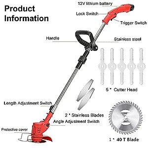Hopeup [US Warehouse] Cordless Weed Wacker, 12V 2000mAh String Trimmer with Blade, Electric Weed Eater Battery Powered, Cordless Brush Cutter Grass Trimmer for Lawn Edger Trimming Lawn Care US Plug
