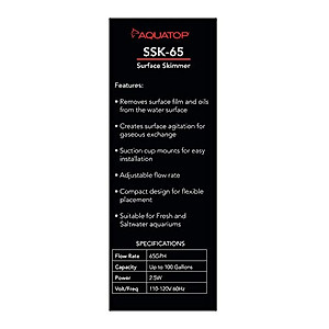 Aquatop 65 GPH Internal Surface Skimmer – for Tanks Up to 100 Gallons, Salt & Freshwater Tanks, Removes Film & Oil from Water Surface, Suction Cup Mounts for Versatile Placement, SSK-65