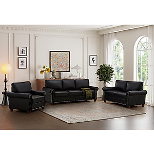 Moxoq Mid-Century Modern Faux Leather Living Room Sofa Set with Rivet Trim, Solid Wood Frame and Legs - Single, Double, Triple, 2+3 Seater, 1+2+3 Seater, 4 Color Options (Black, Single Sofa)