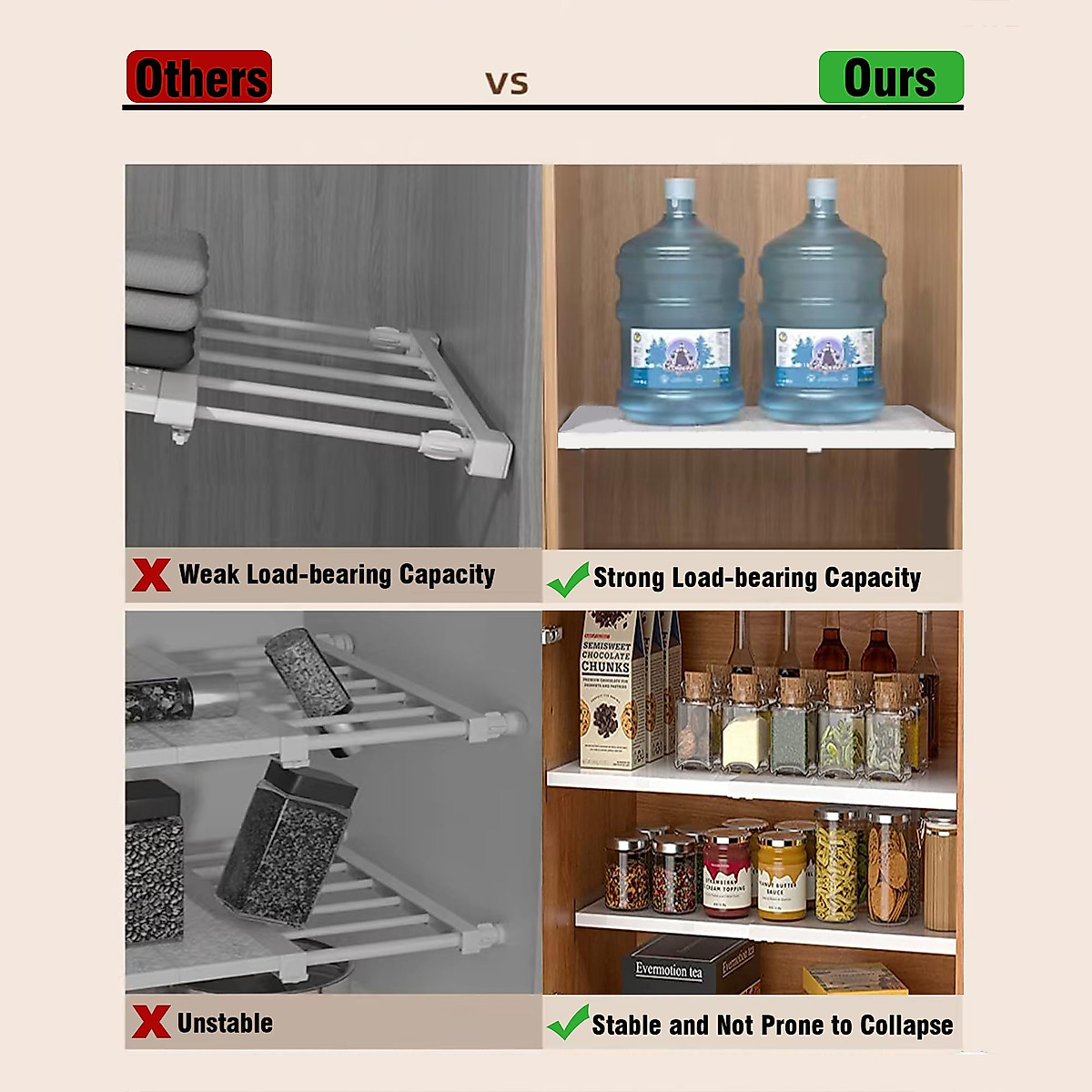 2Pack Adjustable Closet Storage Shelves with Seamless Sticker, Expandable Wardrobe Shelves Organizer System for Kitchen, Cupboard, Wardrobe, Under Sink and Bathroom, Easy Installation (Large, 2Pack)