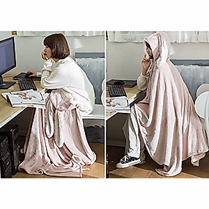 Soft Big Bunny Ears Wearable Blanket, Blanket Wrap with Buttons Comfy Hoodie Hooded Cape Throw for Women (Pink)