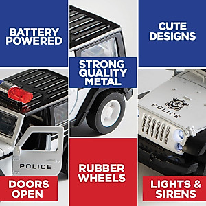 Top Race Metal Die cast Police Cars Pull Back Battery Powered with Led Headlights Police Truck and Sirens 1:32 Scale Set of 3 - Die Cast Metal Toy Cars Hot Wheels Police Cars