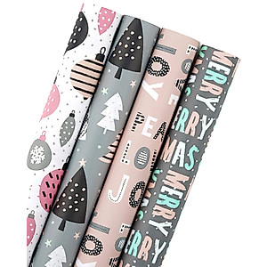 WRAPAHOLIC Christmas Kraft Wrapping Paper Roll - Pink and Grey Christmas Set for Holiday, Party Deco - 4 Rolls - 30 Inch X 120 Inch Per Roll