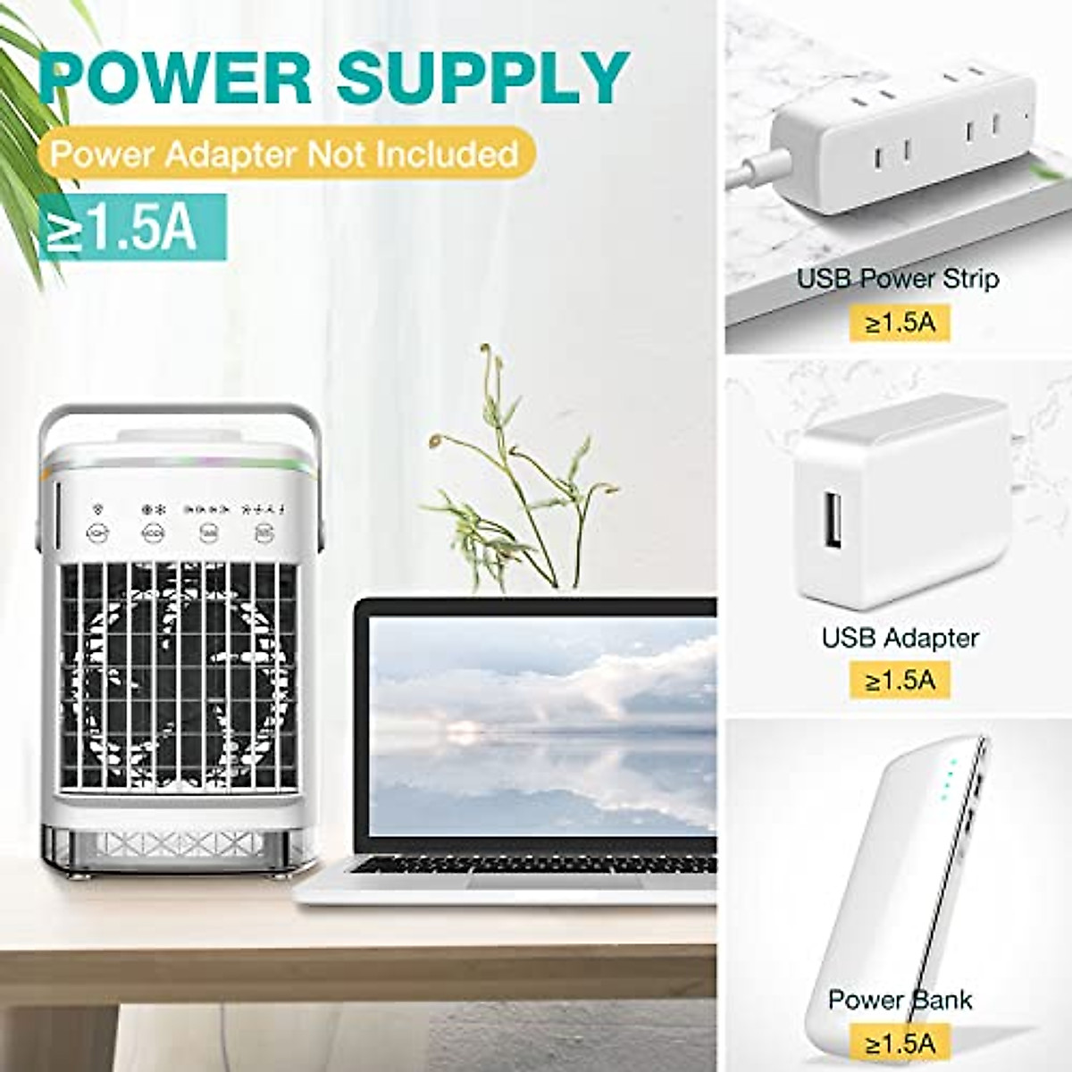 Portable Air Conditioner Fan 4 in1- Desktop Cooling fan with 4 Wind Speed & 2 Spray Modes, 7 Colors LED Light & 2-8H Timer, 700ml Large Watertank High-Efficiency Cooling Fan for Room Office Bedroom Couch Dining Table, Portable USB Power Bank Notebook Powe