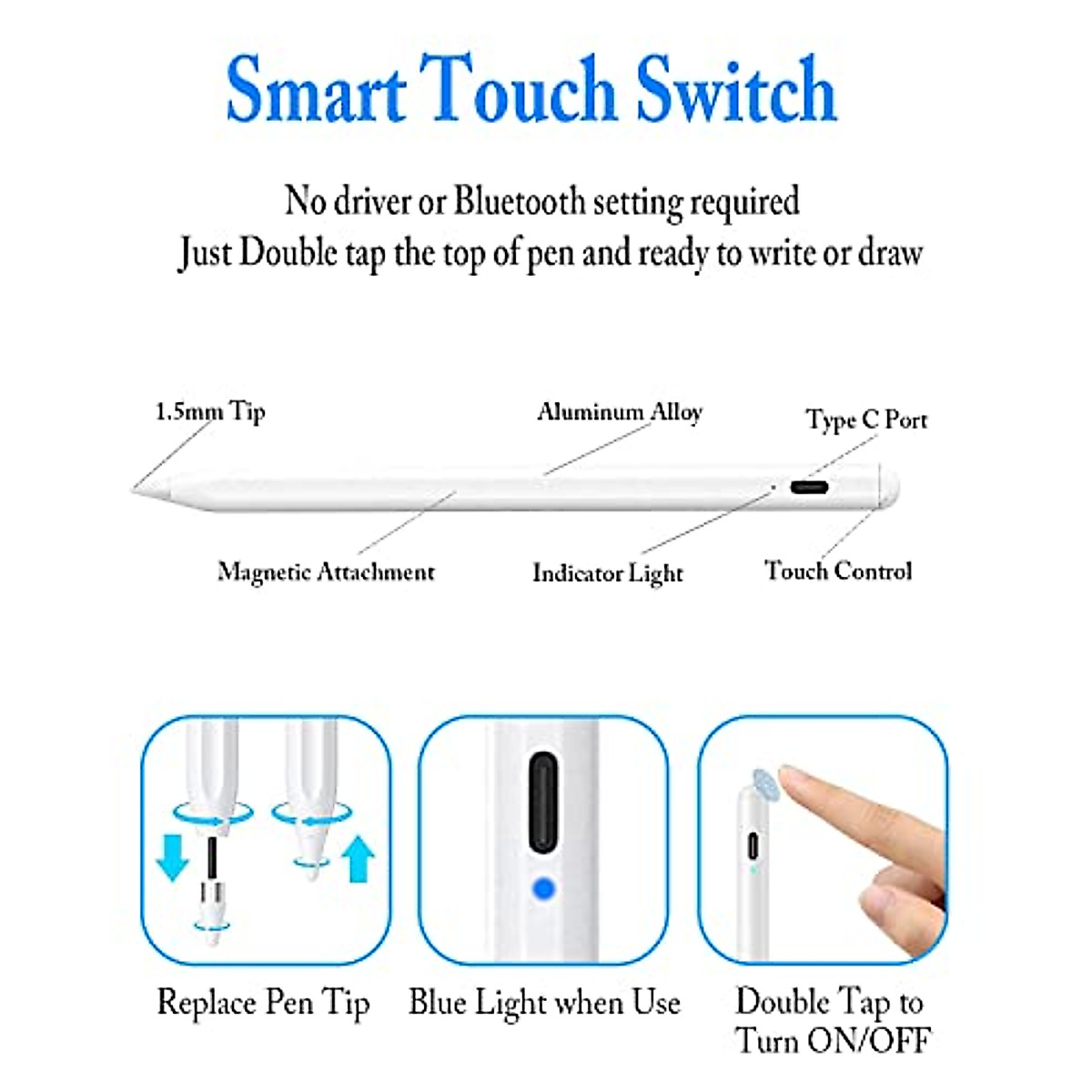 Active Stylus Pens for Touch Screens with Magnetic Design, Rechargeable Universal iPad Pencil, Fine Point Stylus Pen for iPad Pro/Air/Mini/iPhone/iOS/Android/Tablets Writing & Drawing-White