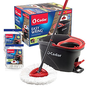 O-Cedar EasyWring Microfiber Spin Mop & Bucket Floor Cleaning System + 2 Extra Refills, Red/Gray