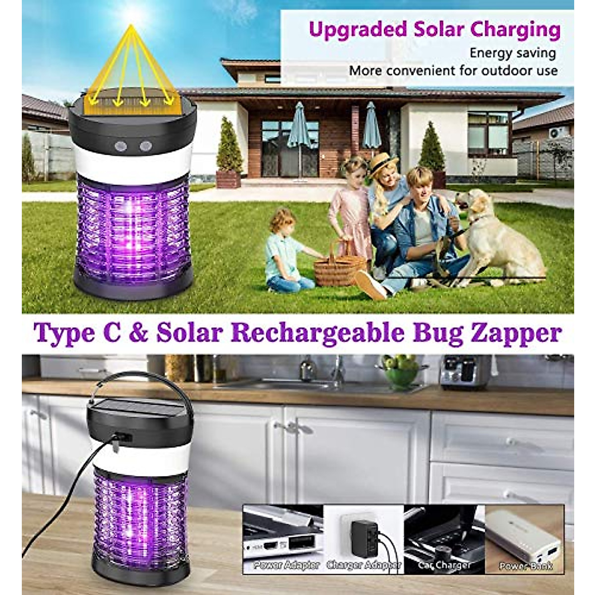 Bug Zapper, Portable LED Flashlight Bug Zapper Lamp, with Solar and USB Rechargeable Battery, SOS Emergency, with 3 Lighting Modes for Camping, Hiking, Backyard , Patio , Office and Traveling