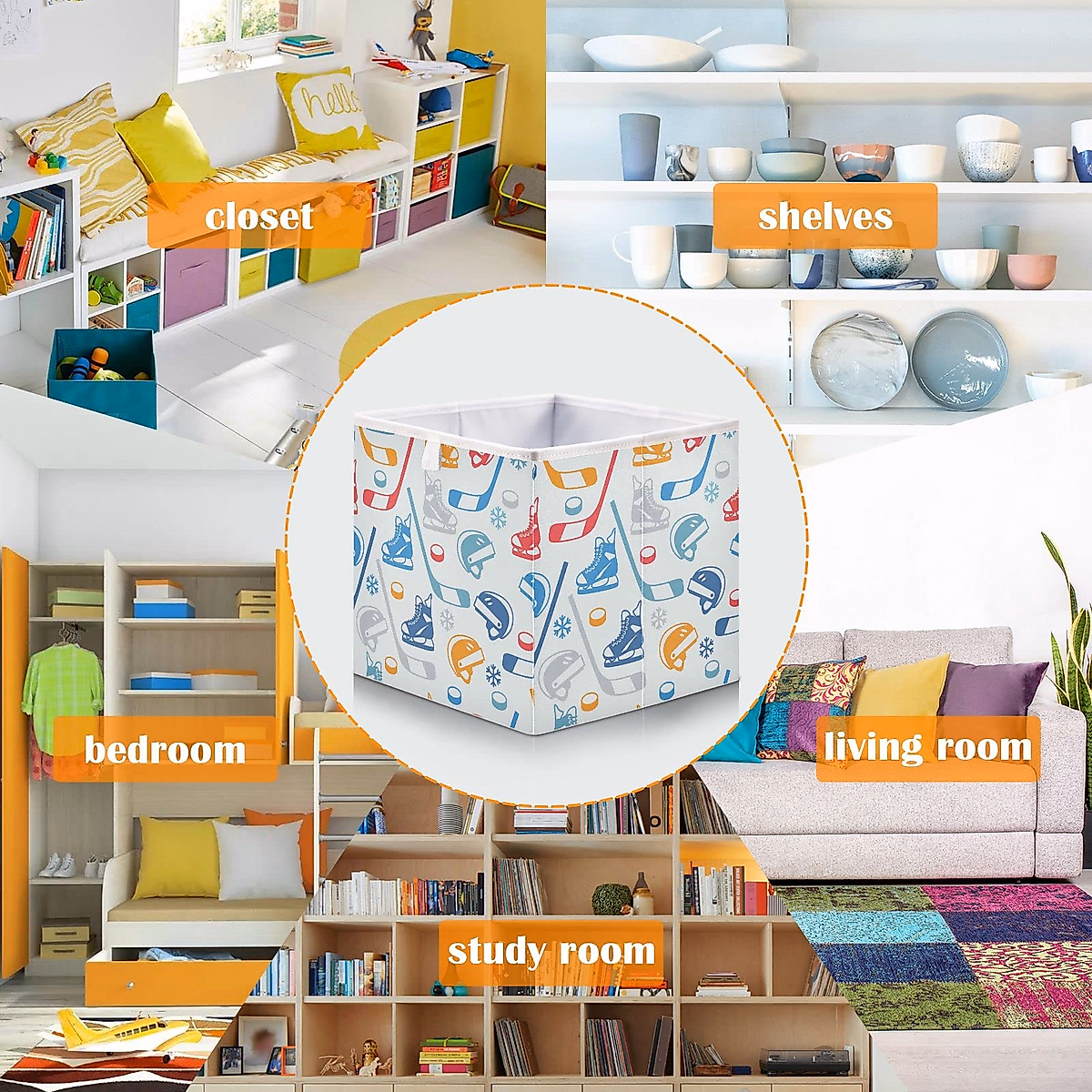 Sports Hockey Storage Baskets for Shelves Foldable Collapsible Storage Box Bins with Cubes Toys Closet Organizers for Pantry Clothes Storage Toys, Books, Home, Office,11 x 11inch