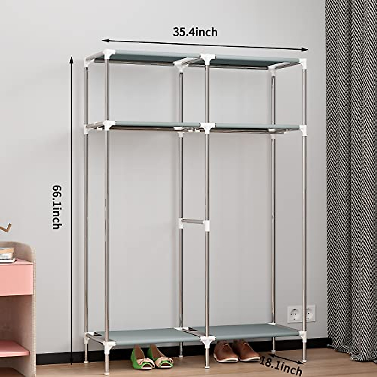 TIE-DailyNec Closet Portable Wardrobe Clothes Storage Organizer with Hanging Rails, Non-Woven Fabric Wardrobe Freestanding Storage Shelves, Durable & Easy Assembly Closet (Silver Gray)