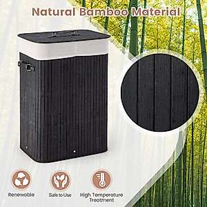 Giantex Bamboo Laundry Hamper with Lid, 72L Large & Tall Clothes Hamper with Removable Liner & Handles, Rectangular Laundry Basket for Small Spaces, Laundry Room, Bedroom (Black)