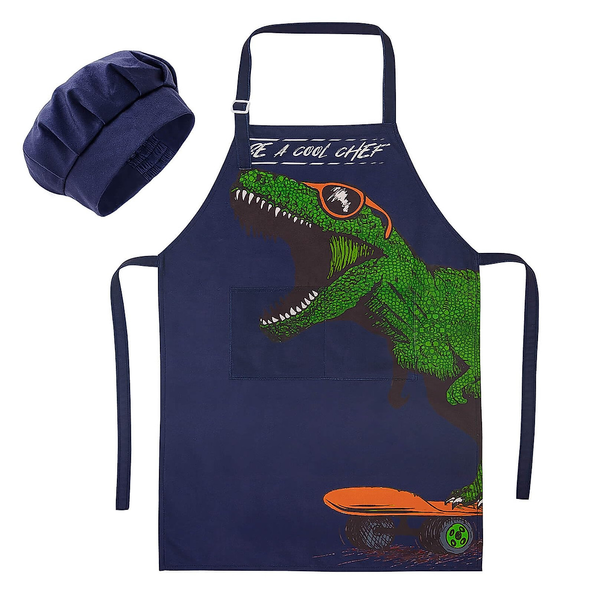 MHJY Kids Apron and Chef Hat for Boys Dinosaur Child Aprons with Pockets,Adjustable Child Apron for Cooking Baking Painting,Dark Blue,Small (3-7 Years)