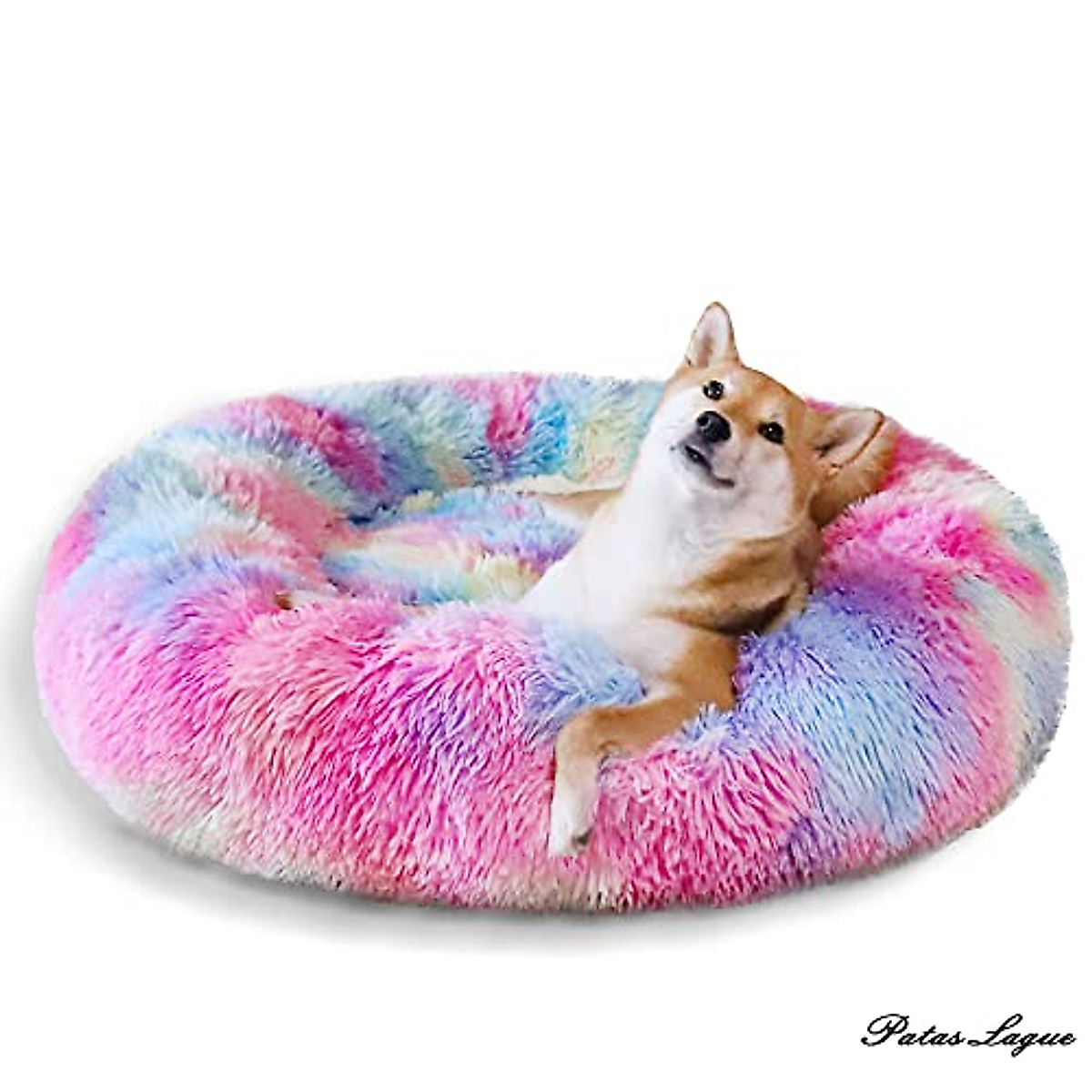 Patas Lague Calming Donut Dog Bed Cat Bed for Small Medium Large Dogs and Cats Anti-Anxiety Plush Soft and Cozy Cat Bed Warming Pet Bed for Winter and Fall (20 in, Mixed Rainbow)