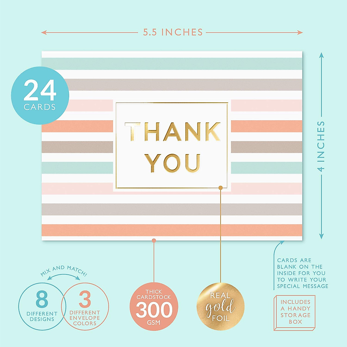 Sweetzer & Orange Blank Thank You Cards with Envelopes and Card Box. 24 Thank You Notes and 3 Variety Color Thank You Cards for Teachers with Envelopes. Notecards for Baby Shower Thanks, Wedding or Business.