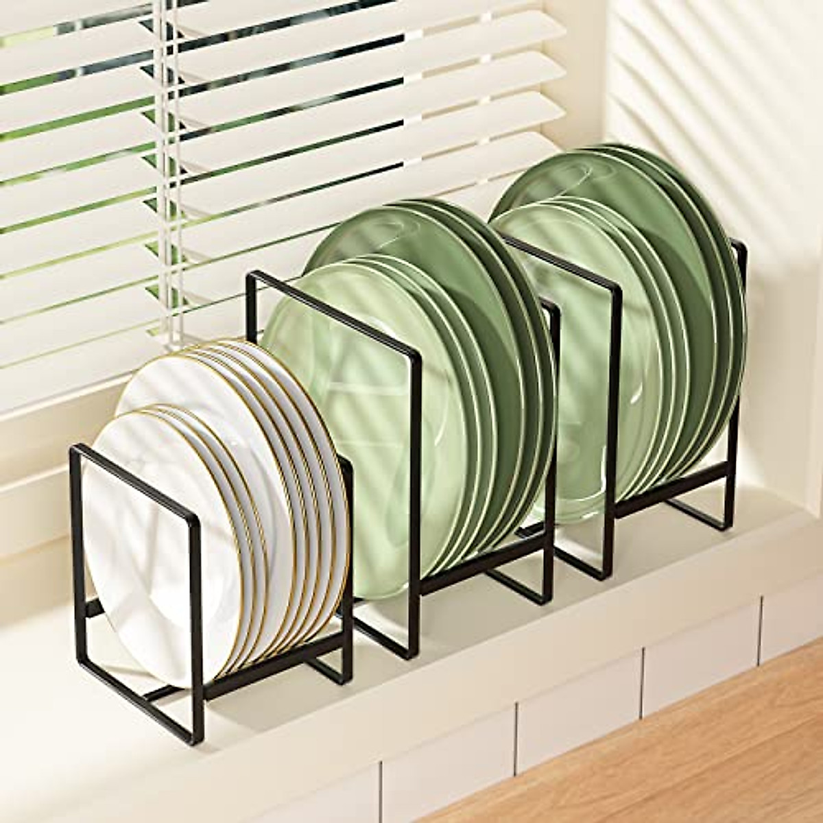 Hikinlichi 2 Large 1 Small Plate Holders Organizers Upright Cabinet Dish Drying Racks Metal Plate Dish Organizers Racks Stands for Countertop and Cupboard 7.87in. x 6.29in. x 4.52in. Black