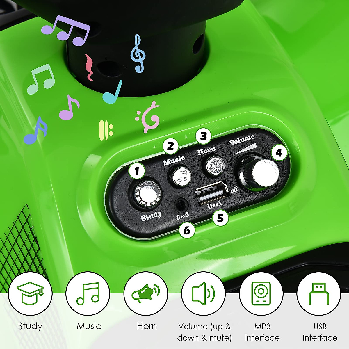 HONEY JOY Kids ATV, 4 Wheeler Battery Powered Toddler Quad with Front Storage Basket, Horn, Music, LED Lights, Footrest, Electric Car for Kids, 6V Ride On Toys for Boys Girls(Green)