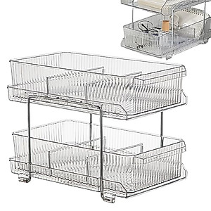 Cupboard Storage Rack, 2 Layer Pull Out Cupboard Storage Rack, Under Sink Cupboard Organizers with Partitions, Kitchen Spices Cupboard Storage Rack, Kitchen Pantry Organizer for Toiletry Pantry