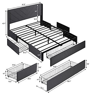 COMHOMA Bed Frame Queen Size with Type-C & USB, Queen Size Bed Frame with 3 Storage Drawers, Upholstered Bed Frame Queen with Wingback Headboard, Steel Slats Support, Dark Grey
