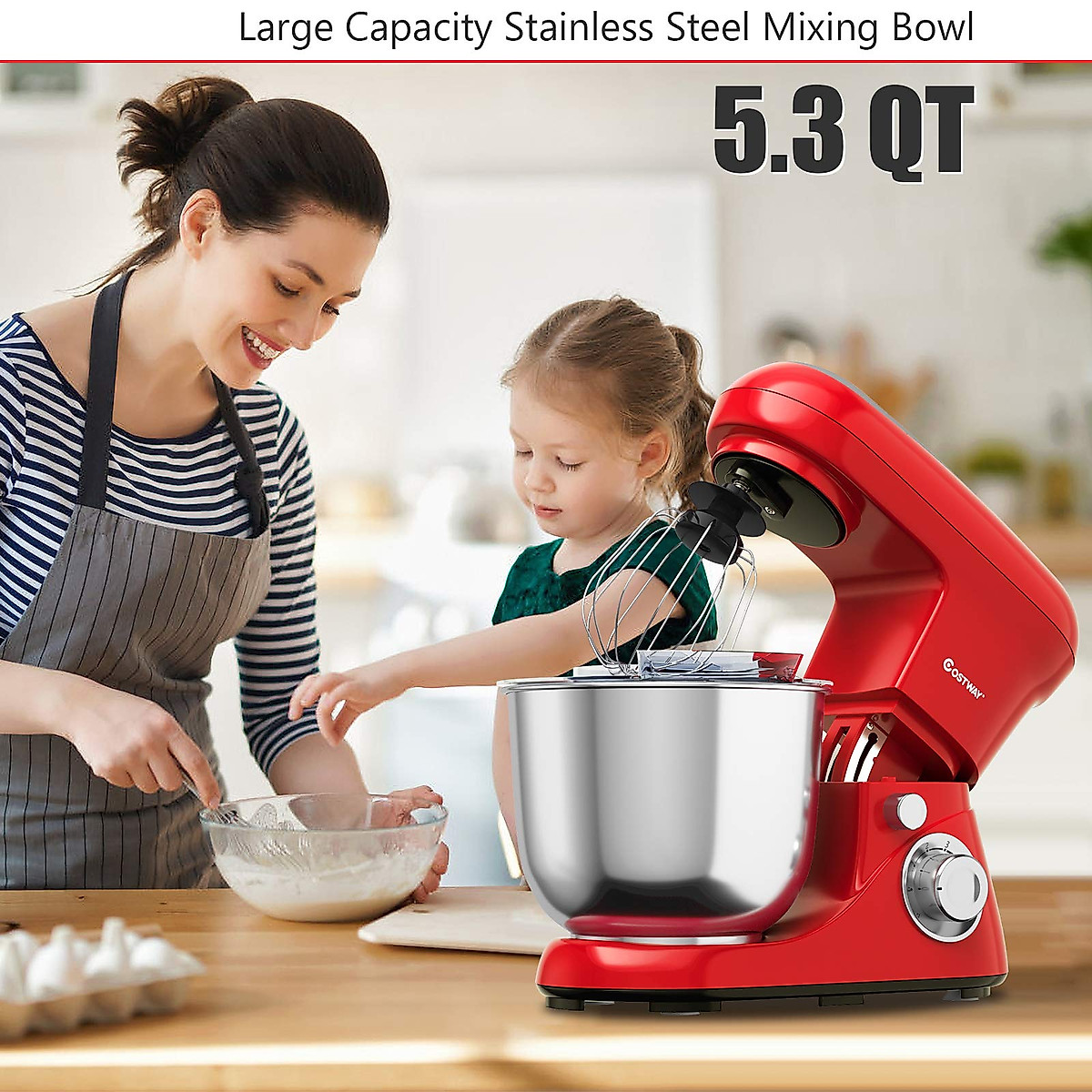 COSTWAY Stand Mixer, 6-Speed Tilt-Head Stand Mixer, 500W, Kitchen Electric Mixer with Dough Hook, Beater, Whisk, 5.3 Quart Stainless Steel Mixing Bowl and Splash Guard (Red)