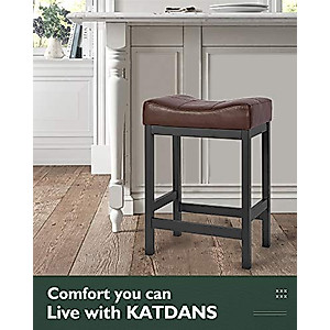 KATDANS Bar Stools Set of 2-Counter Height Stools - 24 Inch Saddle Stool - PU Leather Kitchen Stools - Brown/Black - Metal Base, KS861P-B