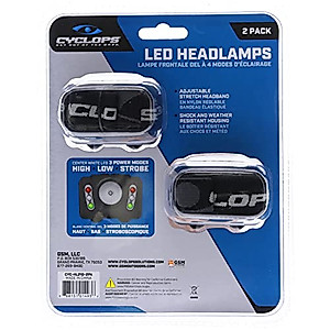 CYCLOPS 210 Lumen Headlamp, Tactical Durable Lightweight Compact Adjustable Stretch Headband Bright 3 Color LED Headlight, AAA Batteries Included, Pack of 2