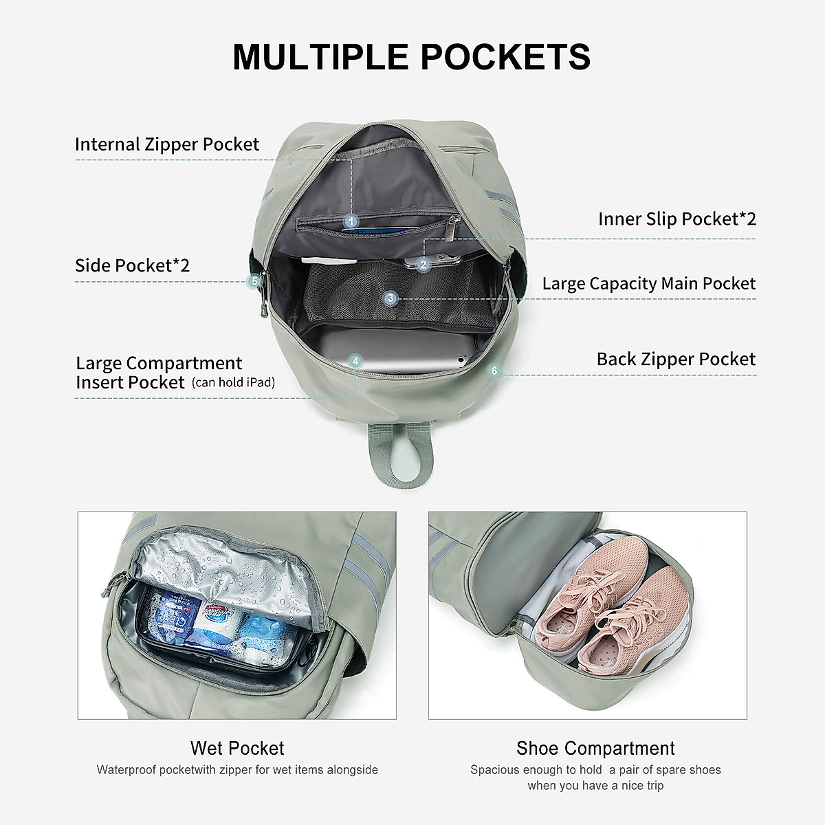 Gym Backpack for Women with Shoes Compartment & Wet Pocket, Large Travel Laptop Backpack Waterproof, Sports Backpack Gym Bag,Green