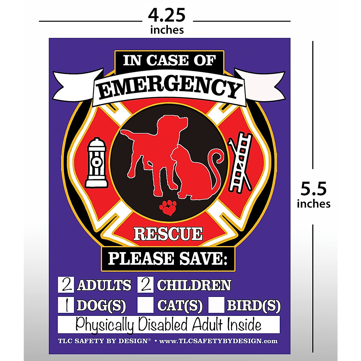 TLC Safety By Design Fire Rescue 4.25" x 5.5" Magnet Safety Alert Emergency Children Adults Pet Dog Cat for Steel Magnetic Exterior Apartment Doors