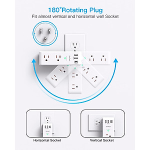 One Beat Flat Plug Power Strip + Rotating Plug Surge Protector, Multi Plug Outlet with USB and USB C Ports