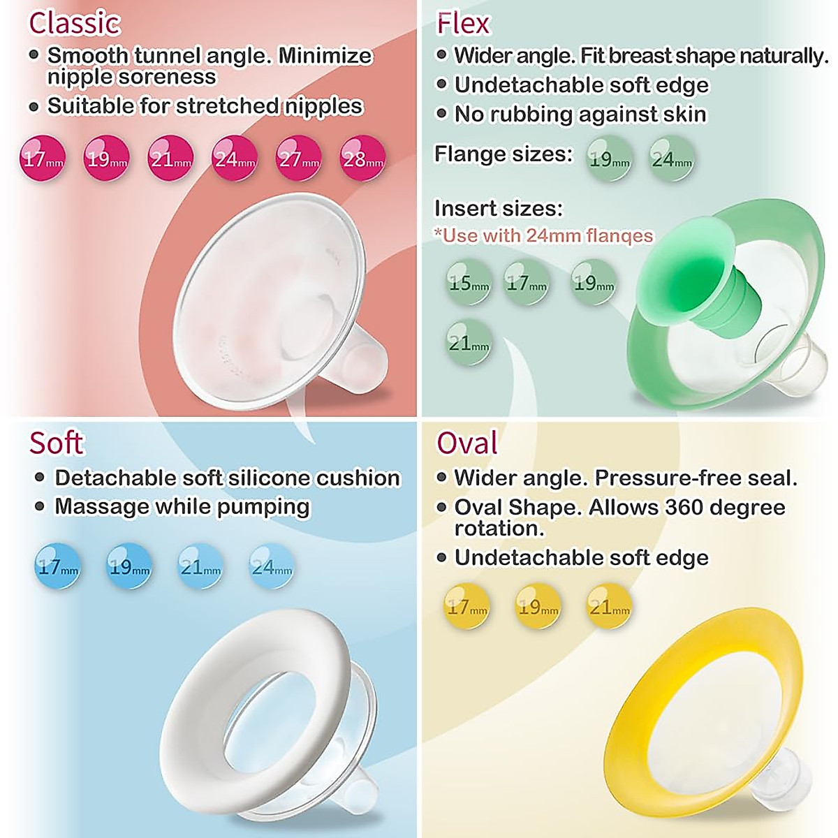 Nenesupply 19mm Flange Inserts and 24mm Flanges Compatible with Medela Breast Pump Parts Replacement 19mm Flange for Medela Work with Pump in Style Parts Symphony Swing Maxi Harmony Personalfit Flex