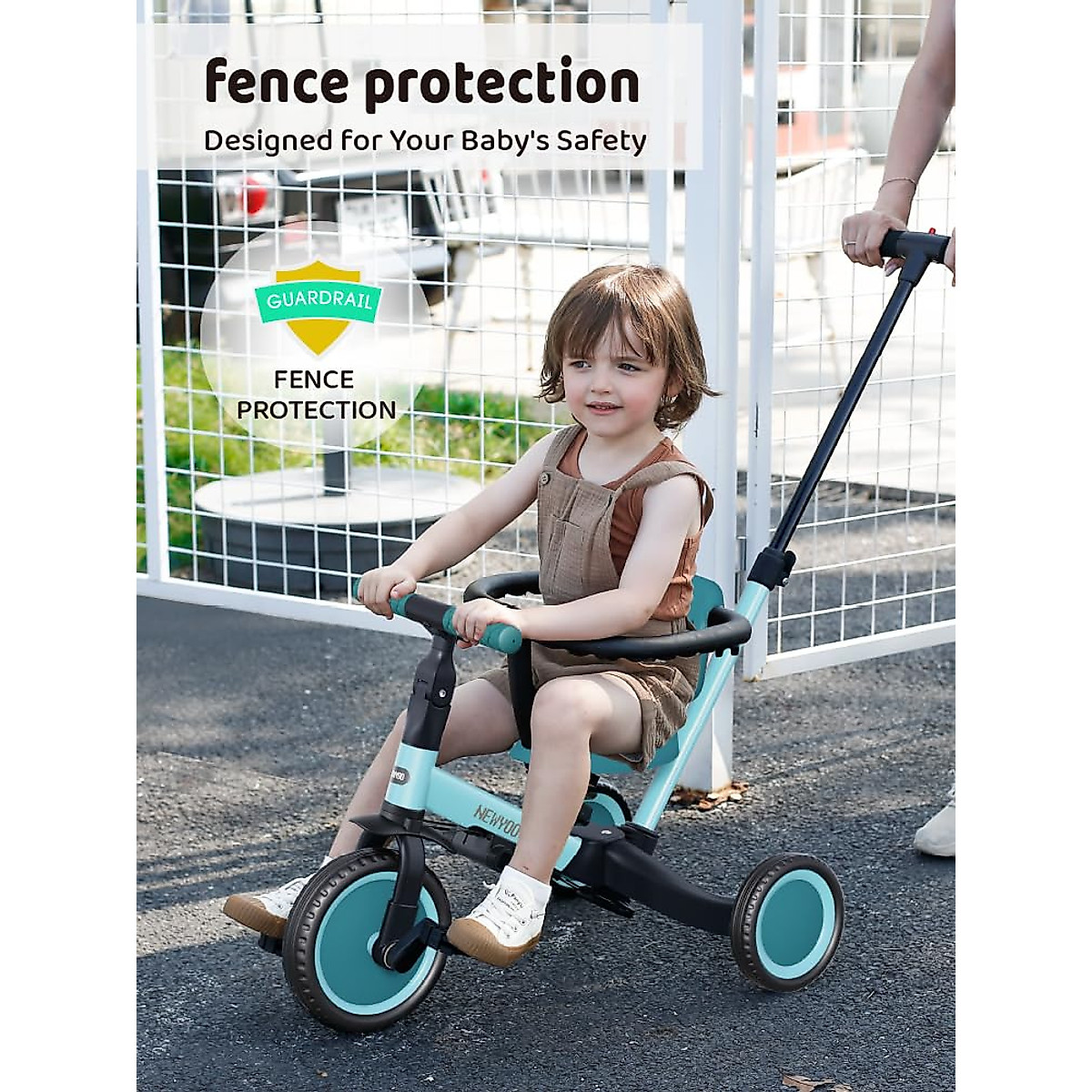 newyoo TR008 Toddler Push Tricycle, Toddler Bike for 1-3 Years Olds, Birthday Gift for Boys and Girls, 5 in 1 Balance Bike with Handle, Kids Trike with Safe Bar, Green