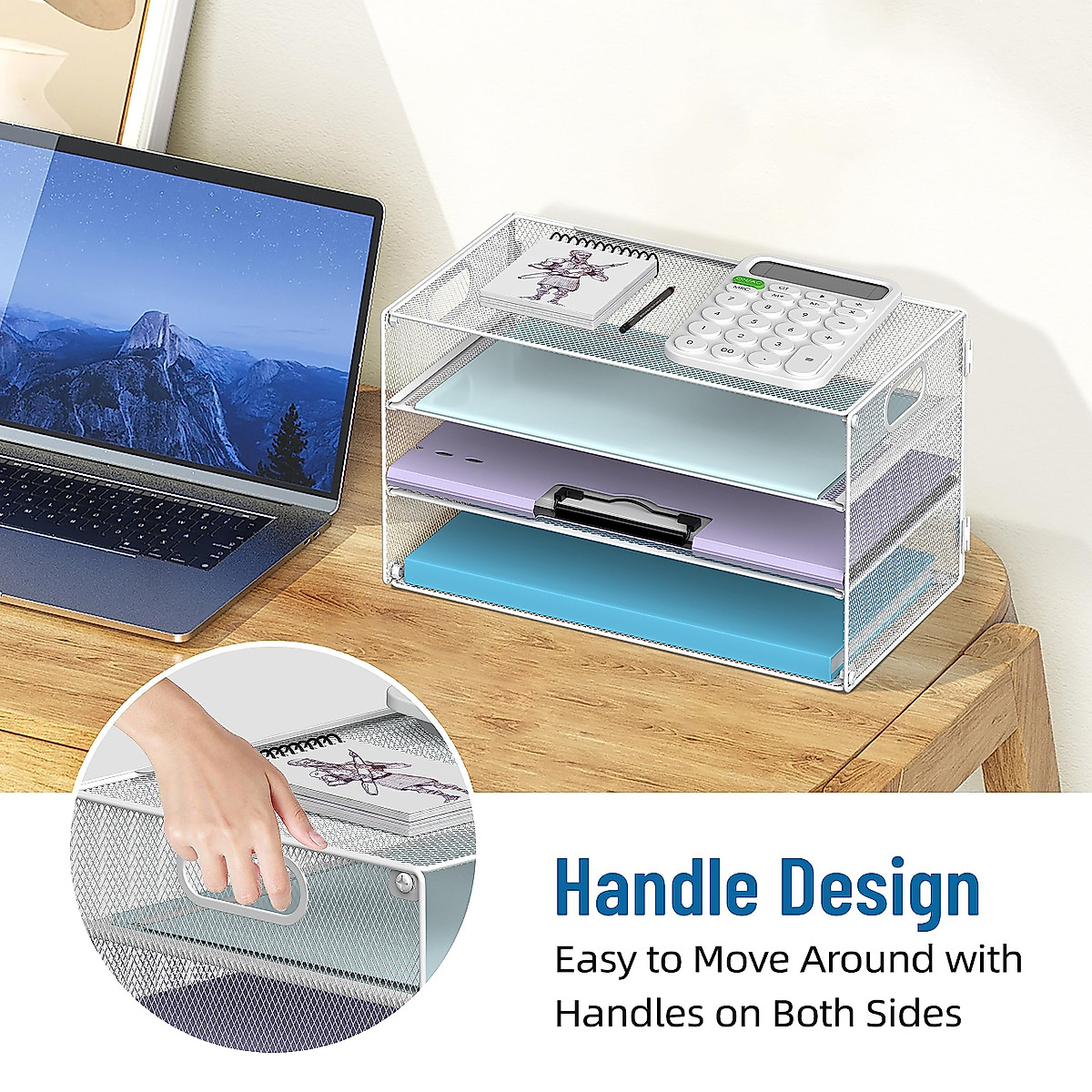 DALTACK 3 Tier Letter Tray Paper Organizer with Handle, Mesh Desk File Organizer, Paper Tray Desk Organizer for School Office Home, Metal Mesh, White