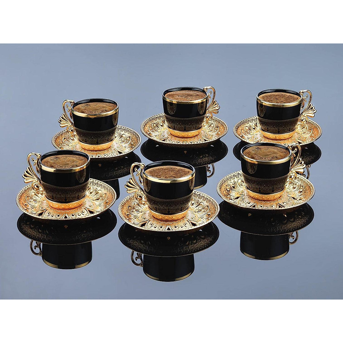 (Set of 6) Demmex Turkish Greek Arabic Coffee Espresso Demitasse Cup Saucer Spoon Set, Black Cups (Gold)