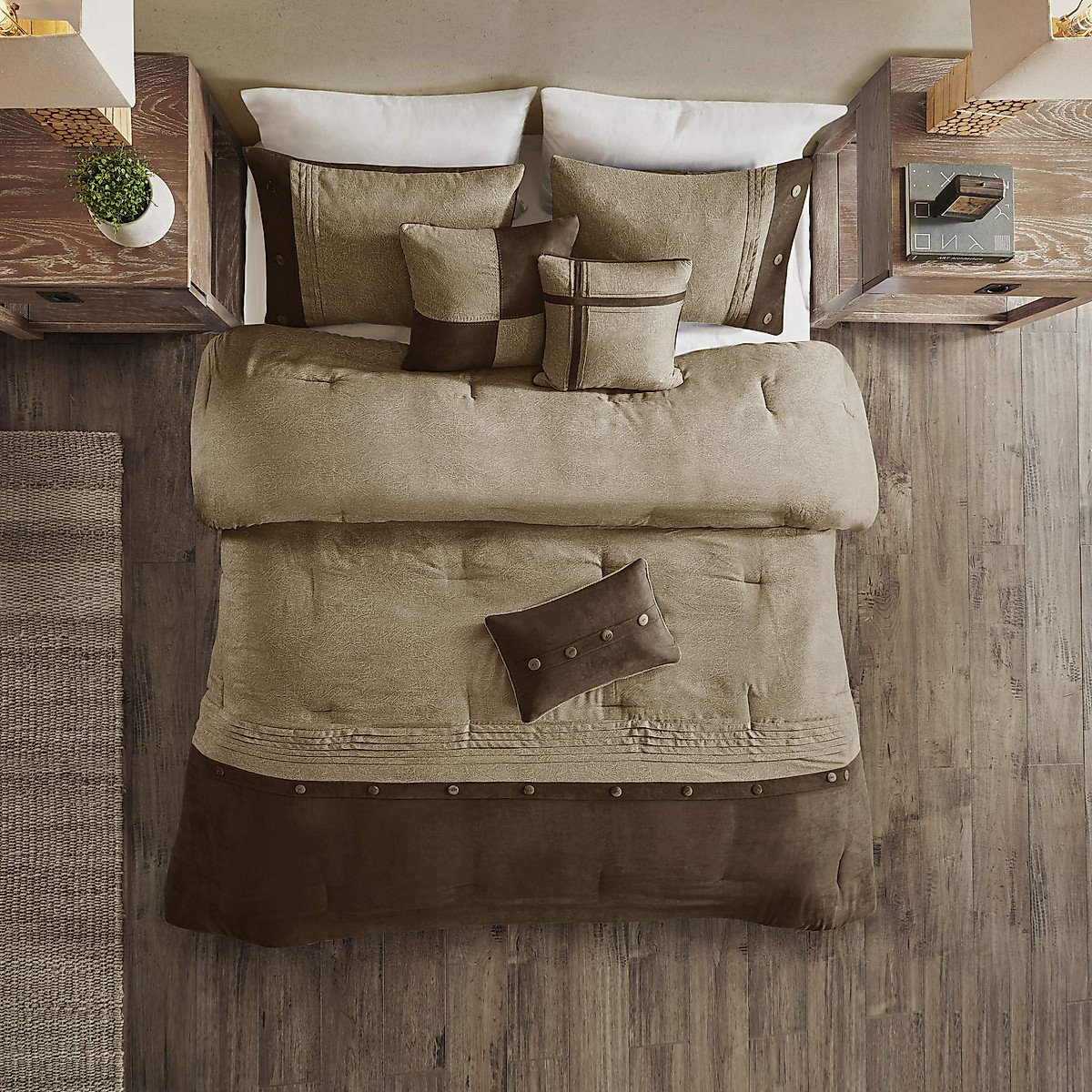 Madison Park Boone Cozy Comforter Set, Faux Suede, Deluxe Hotel Styling All Season Down Alternative Bedding Matching Shams, Decorative Pillow, California King (104 in x 92in), Rustic Brown 7 Piece