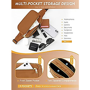 FIORETTO Fanny Packs for Women Men Fashion Crossbody Belt Bag with 3 Zipped Pocket Adjustable Small Waist Pouch Bum Bag for Dog Walking Running Hiking Travel Workout Brown