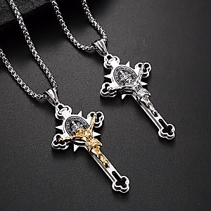 ST.Benedict Protection Cross Power Pendant Necklace, Religion Stainless Steel Saint St Benedic Crucifix Cross Pendants Necklace (Gold)